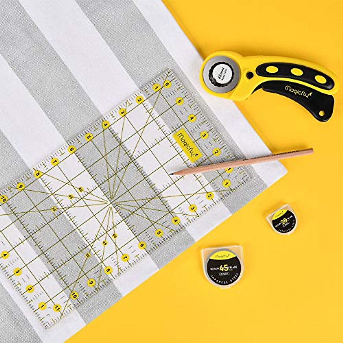 Magicfly Rotary Cutter Set, 45mm and 28mm Fabric Cutters Kit with Extra 10 Blades, A3 Double-Sided Self Healing Cutting Mat, 12x6 Inch Quilting Ruler for Sewing, Fabric Cutting, Art Crafting