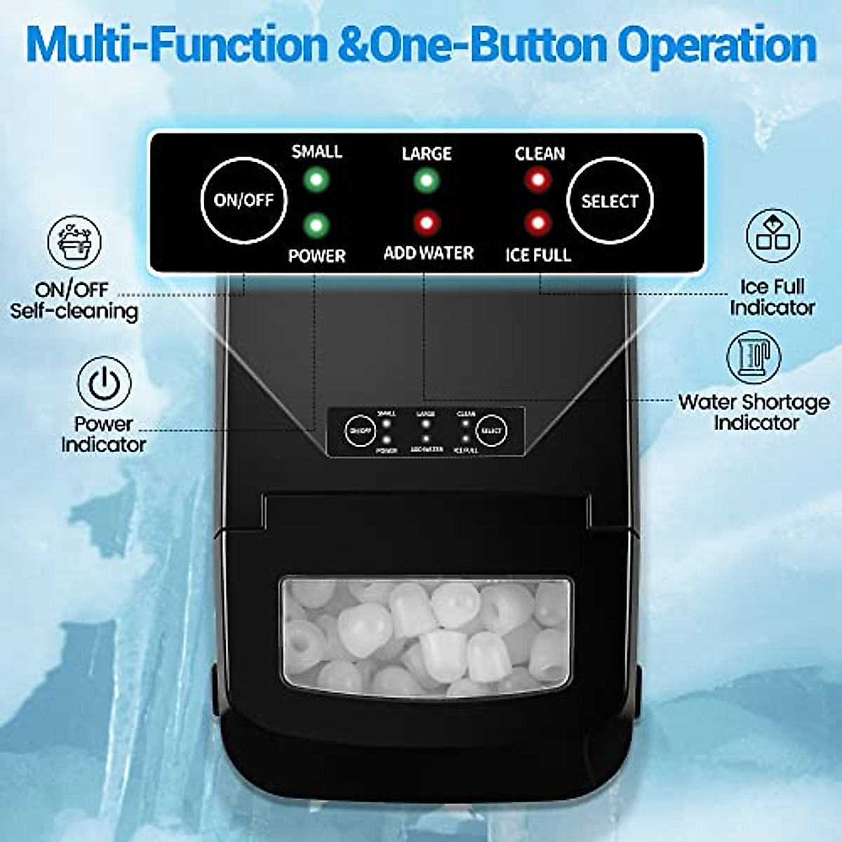 Ice Makers Countertop,Protable Ice Maker Machine with Handle,Self-Cleaning Ice Maker, 26Lbs/24H, 9 Ice Cubes Ready in 6-8 Mins, for Home/Office/Kitchen Black WANAI