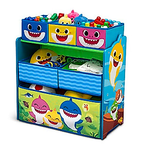 Baby Shark 5-Piece Toddler Bedroom Set by Delta Children - Includes Bed, Table with 2 Chairs and 6 Bin Design and Store Toy Organizer, Blue