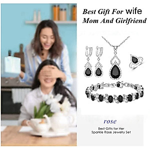 LMXXVJ Women Jewelry Set - Silver Tone Black Stone Necklace Open Ring Earrings Tennis Bracelet Set,Wedding Birthday/Anniversary Mother’s Day Birthstone Jewelry