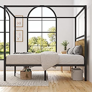 ikalido Queen Size Metal Canopy Bed Frame with Wooden Headboard, Classic Design Canopy Bed with 4 Sturdy Posters, Noise Free/No Box Spring Needed/Industrial Brown