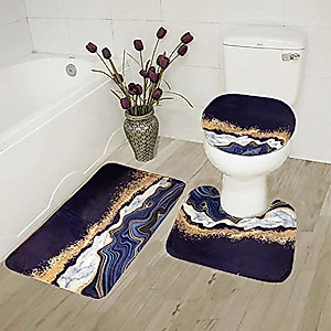 HOMAEUPIN 4 PCS Gold Marble Shower Curtain Sets with Non-Slip Rugs, Toilet Lid Cover, Bath U-Shaped Mat, Luxury Modern Marble Bathroom Sets with Rugs and 12 Hooks Accessories,Gold Dark Blue