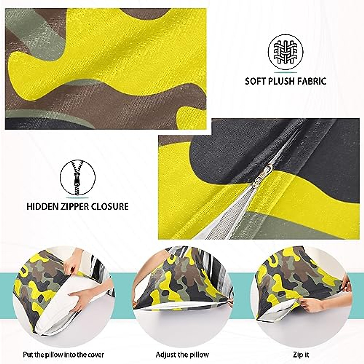 Yellow Camo Pillow Cases King Size Velvet Pillow Covers Super Soft Decorative Pillowcase with Zipper for Women Men Bedroom Sofa Couch