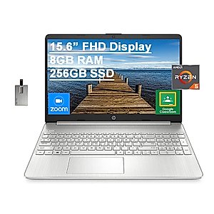 HP 2021 15.6" FHD Laptop Computer, AMD Ryzen 5-5500U Processor(Beats i7-1065G7), 8GB RAM, 256GB PCIe SSD, AMD Radeon Graphics, HD Webcam, HDMI, Bluetooth, Wi-fi, Windows 11, Silver, 32GB USB Card