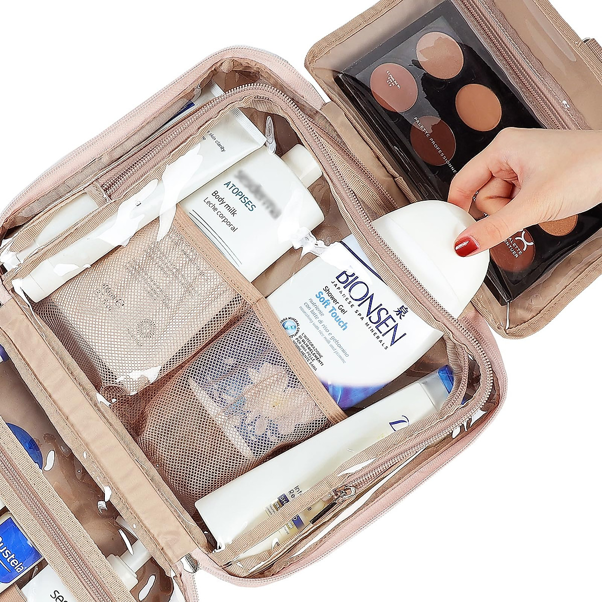 NISHEL Travel Toiletry Bag for Women Large Capacity, Makeup Essentials Organizer, Hanging Case for Accessories, Cosmetics, Pink