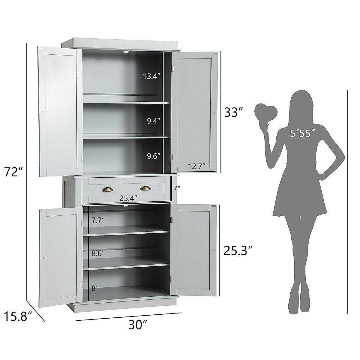 LOUVIXA 72" Kitchen Pantry Storage Cabinet, Freestanding Cupboard with 2 Cabinets, Drawer and Adjustable Shelves, Tall Storage Cabinet for Kitchen, Dinning Room, Living Room, Grey