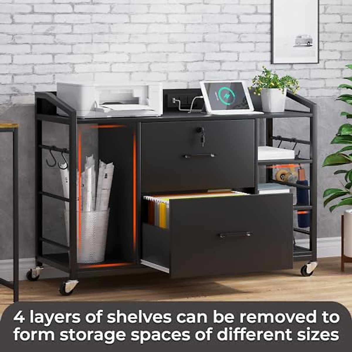 SEDETA 44" File Cabinet, Filing Cabinet fits Legal/Letter Size, 2 Drawer File Cabinets for Home Office with Lock, Power Strip, 6 Storage Shelves, Rustic Brown