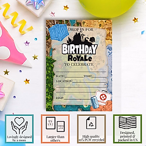 Fort Battle Video Gaming Birthday Party Invitations, 20 5x7 Fill In Cards with Twenty White Envelopes by AmandaCreation Video Gaming Party Supplies