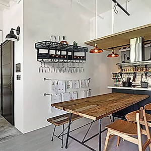 TFCFL Industrial Wall-Mounted Wine Rack,Wine Glasses Holder, Double Layer Wall Storage Shelves, Multi-Function Display Shelf for Bar Kitchen Restaurant (Wrought Iron)