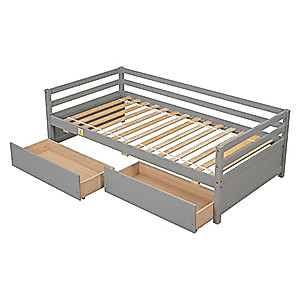 HYC Twin Daybed Frame with 2 Storage Drawers on Casters,Space Saving Furniture Wooden Day Bed Sofa Bed with Slats for Strong Support for Living Room Bedroom Gray,79.5" L x 41.8" W x 26.0" H
