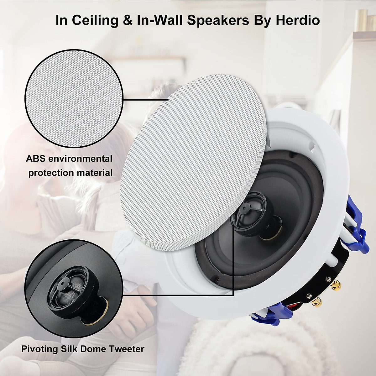 Herdio 5.25 Inch Bluetooth Ceiling Speakers Max Power 600W 2-Way Flush Mount Plus Wall Mount Amplifier Receiver Perfect for Home Theater Bathroom Living Room Kitchen Office(4 Speakers)