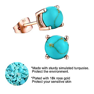 Turquoise Stud Earrings for Women Men 18k Rose Gold Plated 7mm Round Birthstone Earrings as Gift for Women