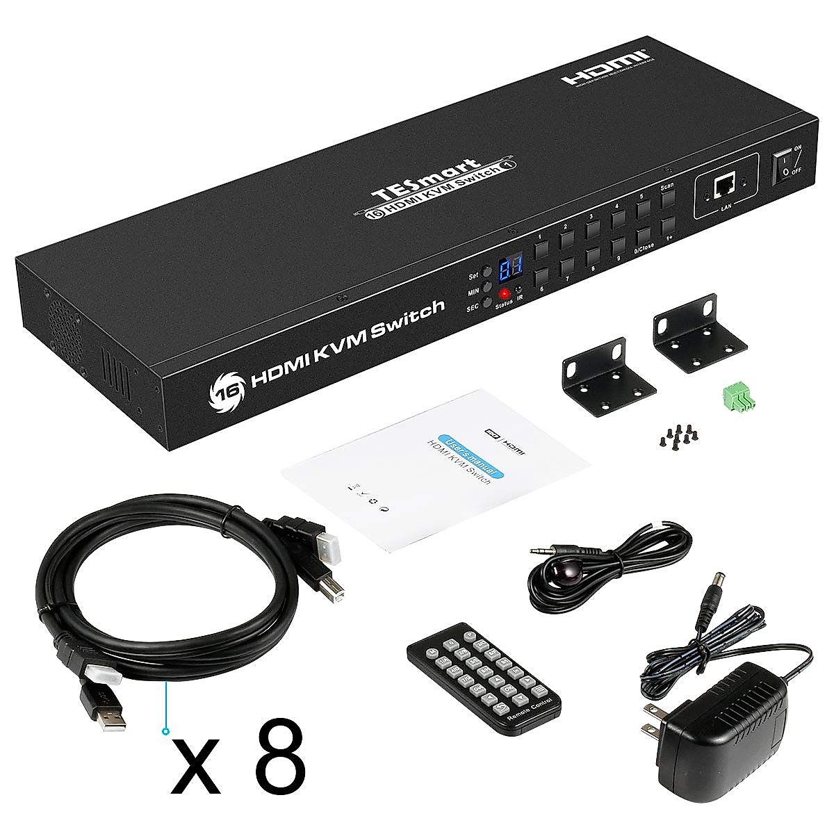 TESmart 4K UHD 16 Ports HDMI KVM Switch, Console Rack Mount Switch with 8 Pcs 5ft KVM Cable, USB 2.0 Device 16 Port Inputs, Control up to 16 Computers/Servers, with RS232 and LAN Port