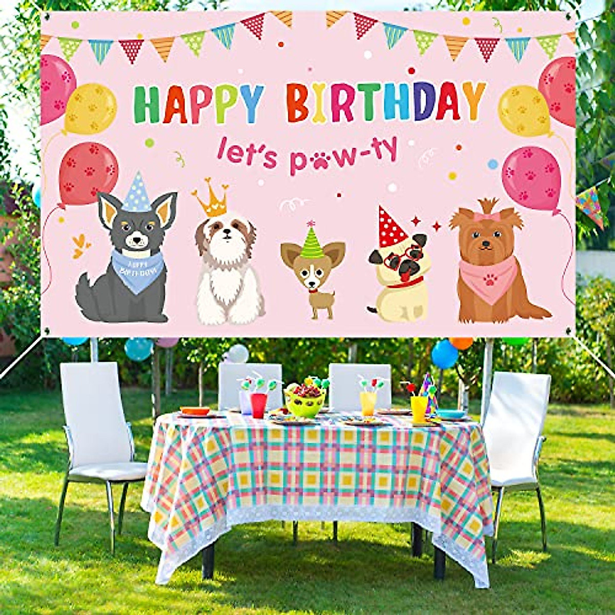 Dog Girl Party Decorations Pink Puppy Dog Themed Birthday Party Supplies Lets Party Banner Backdrop Dogs Cats Kids Birthday Photography Background Photo Booth for Pet Party Indoor and Outdoor