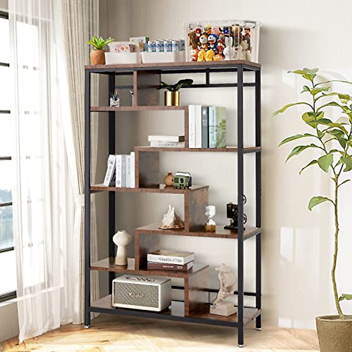 JOMEED 7-Tier Industrial Bookshelf for Bedroom,Large Etagere Bookcase Open Display Shelves with Metal Frame for Living Room Home Office，Asymmetrically Designed