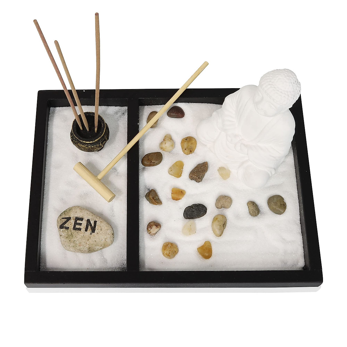 Japanese Mini Zen Garden with Incense Holder, and White Miniature Buddha Statue for Relaxation and Meditation, Perfect Home Desk Decor and Gift Set - 7" x 8.5" x 6.5"