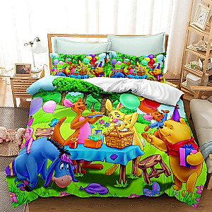 JewosS Winnie 3 Piece Bedding Set Printed Bear Duvet Cover Set Printed Bed Comforter Cover Quilt Covers with Pillowcases for Your Own Bedroom No Quilt(King)