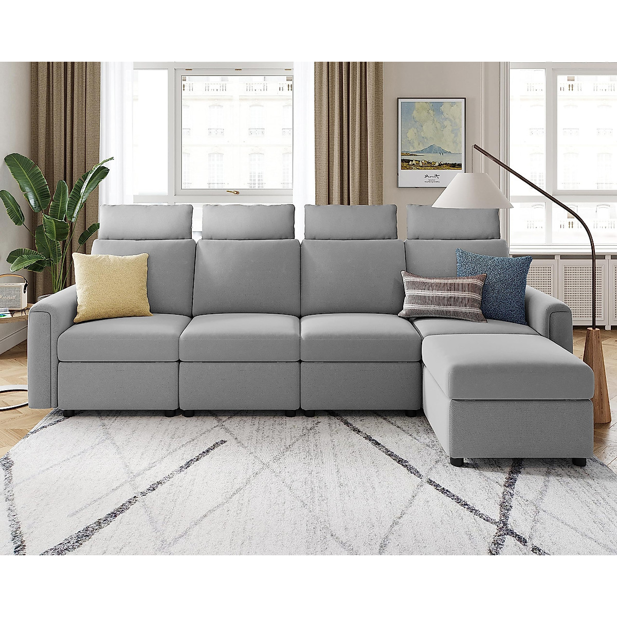 LINSY HOME Modular Sectional Sofa, Upgraded High Back Sectional Couch with 4 Headrests, L Shaped Sofa Bed with Storage, Sofa Covers Removable, 5 Seat Couch with Ottoman for Living Room, Grey