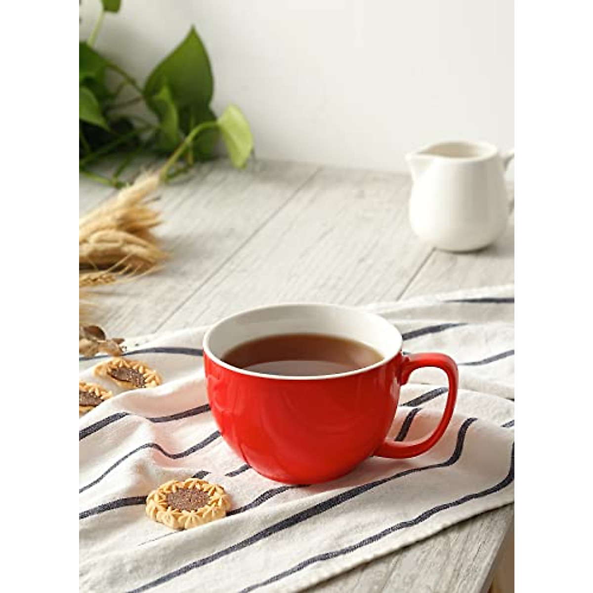 Cappuccino Cups, Red Porcelain Jumbo Coffee Mug Set of 4 Christmas Gift - 16 Ounce Cups with Handle for Hot or Cold Drinks like Cocoa, Milk, Tea or Water - Smooth Ceramic