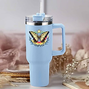 40 Oz Insulated Tumbler with Handle and Straw,Watercolor Butterfly Star Leaf Stainless Steel Vacuum Insulated Travel Mug,Leak-proof Water Bottle Iced Coffee Cup,Vintage Rainbow