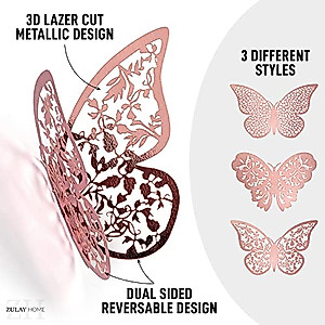 Zulay Home 3D Butterfly Wall Decor - 48pcs Butterfly Decor with 3 Wing Designs - Removable DIY Butterfly Decorations for Room, Birthdays, Parties, Cake, Weddings, Kids Bedroom (Metallic Rose Gold)