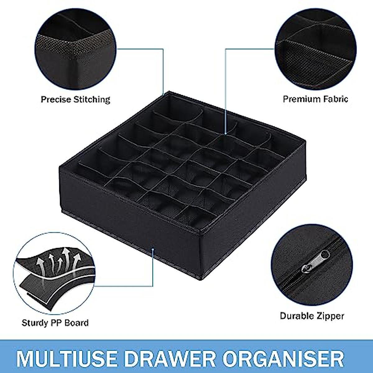 Boudar Foldable Storage Cubes Drawer Underwear Organizer Dividers， under Cabinet Organizer 24-Cell Fabric Storage Boxes for Lingerie,Socks,Ties （Black）