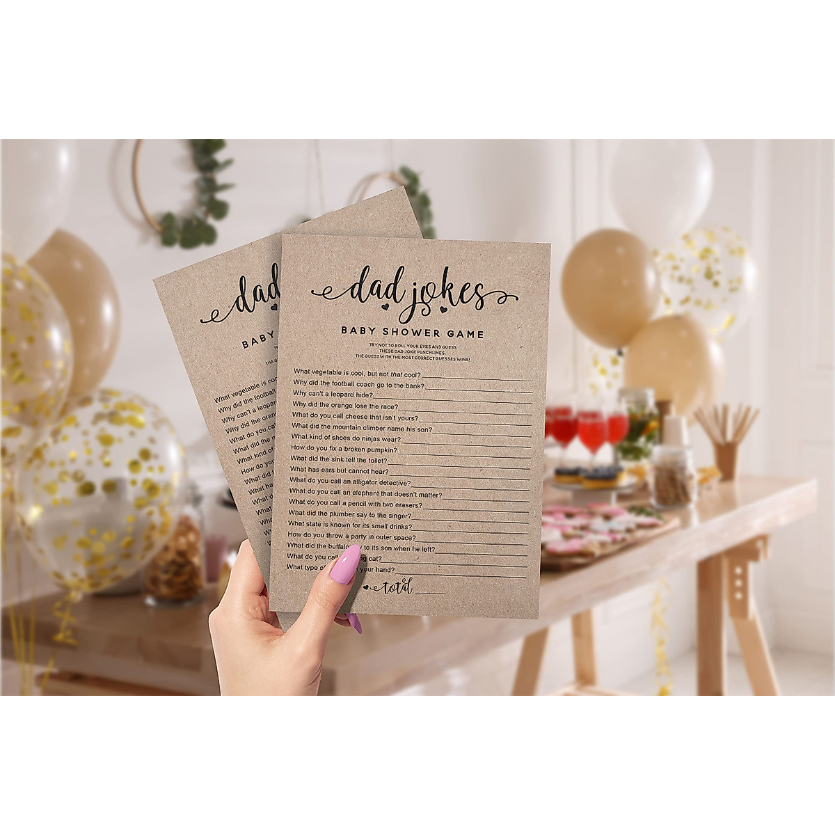 Your Main Event Prints 50 Pack Kraft Baby Shower Games, Fun Dad Joke Game, Great for Baby Shower, Baby Sprinkle, or any Party!