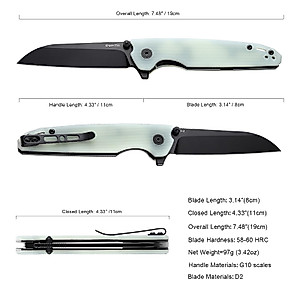 EMHTiii D2 Steel Folding Pocket Knife with Reversible Clip: 3.14" Black Sheepsfoot Blade, Liner Lock, G10 Handle, Small EDC Flipper Knives Camping Tool for Man & Women, Transparent Green