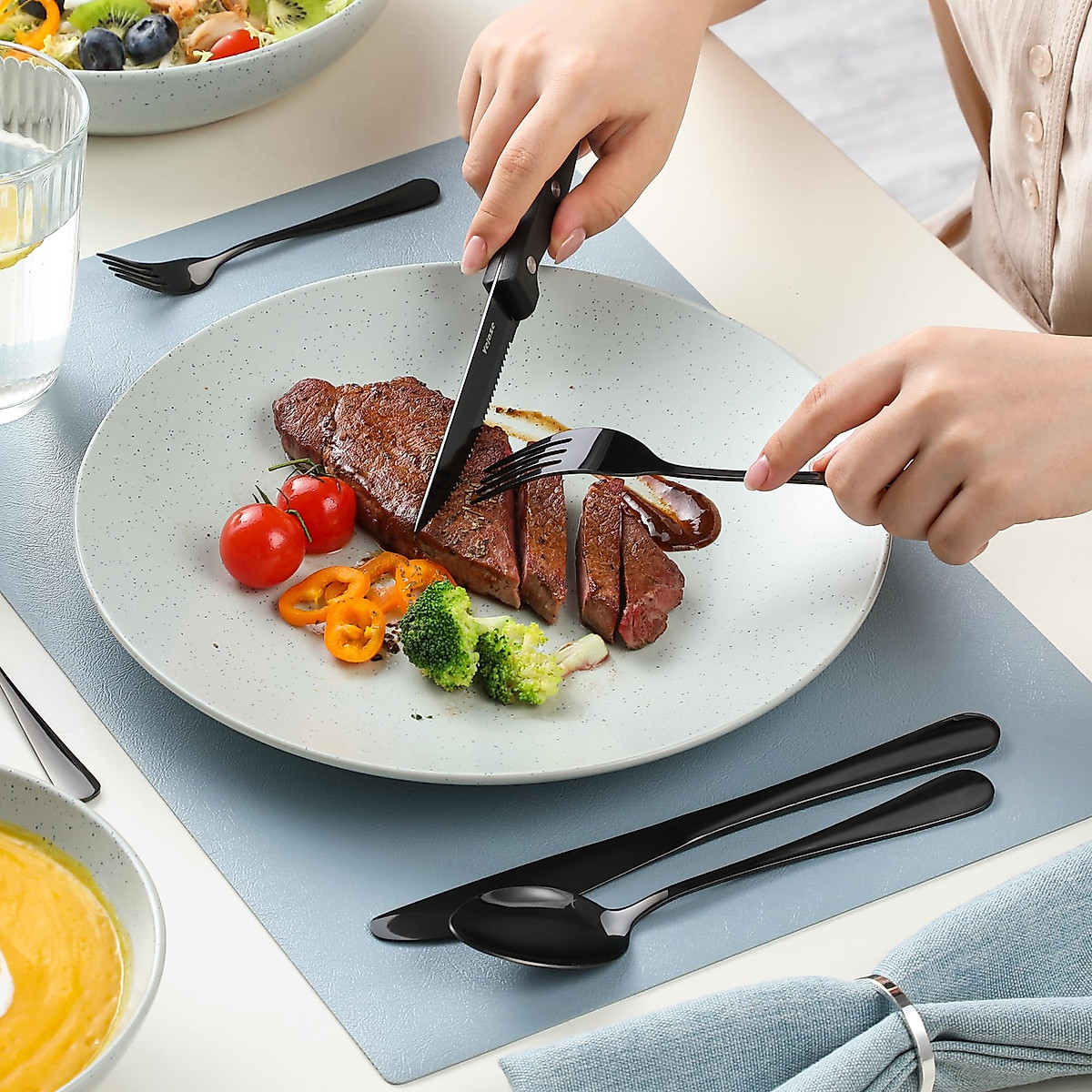 Velaze 48Pcs Black Silverware Set for 8 with Steak Knives, Stainless Steel Flatware Set, Mirror Polished Cutlery Set, Home Eating Tableware Set, Kitchen Utensils Set With Forks Spoons and Knives Set