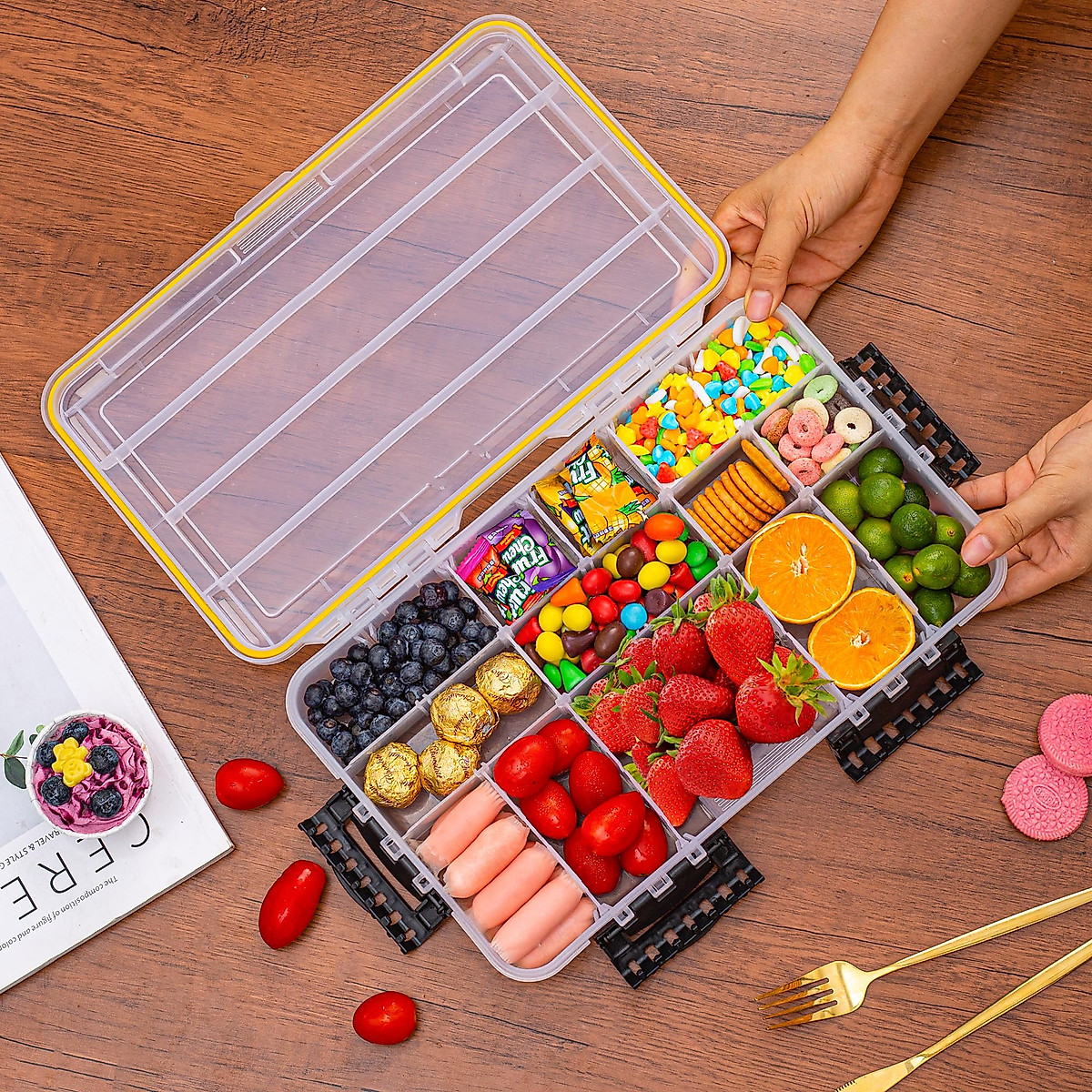 XUZC Snackle Box- Waterproof Tackle Box Container Keeps Snacks Fresh and Dry Charcuterie Safe - Fill With Cured Meats, Cheese, Nuts -Perfect For The Boat, Beach, Picnics, Parties, Picnics, Camping