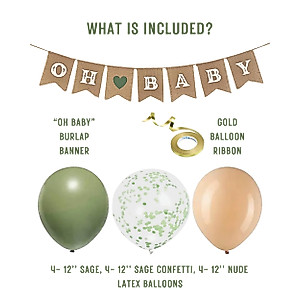 Gender Neutral Baby Shower Decorations & Decor Set: Oh Baby Burlap Banner, Sage Green, Nude & Confetti Balloons - Ideal for Boy, Girl Reveal Party & Welcome Baby Sign Garland Backdrop Decoration