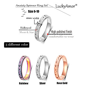 LuckyAmor Fidget Anxiety Ring for Women-3Pcs 4MM Rainbow Rose Gold Silver Moon Star Hollow Stainless Steel Spinner Rings for Anxiety Stress Relief Gift for Women party birthday