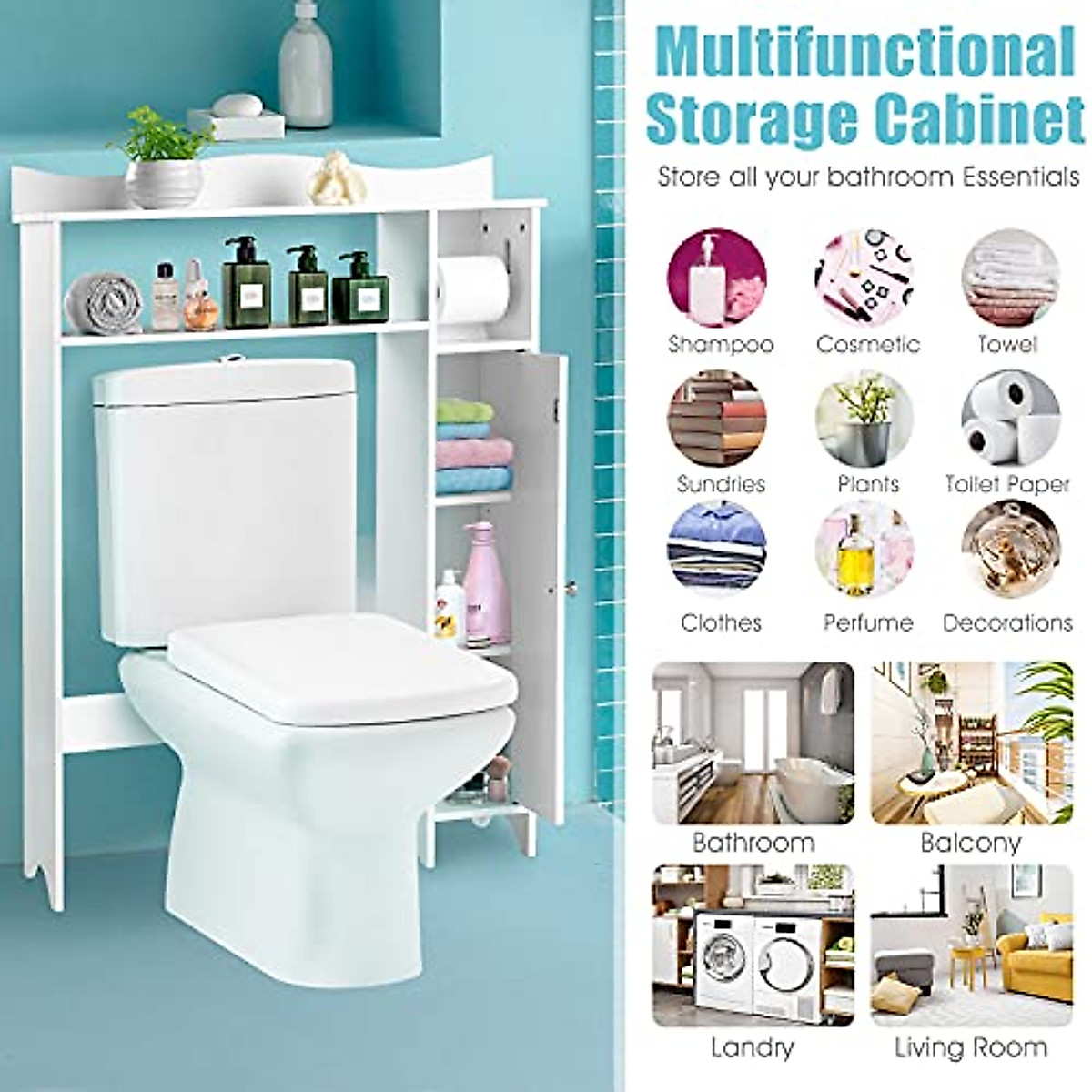 Hysache Over-The-Toilet Storage Organizer, Home Bathroom Space Saver w/ 2 Long Open Shelves, 1-Door Cabinet, Adjustable Shelf, Anti-Toppling Storage Rack, Freestanding Organizer Toilet Rack Stand