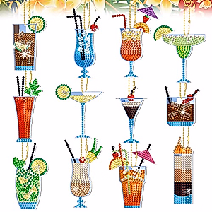 12 Pcs Drinks Diamond Painting Keychain Kits Crystal Drinks Diamond Painting Ornaments Summer Full Diamond Drinks Keychain Summer DIY Diamond Art Keychains for Adults Kids Purse Backpack Handbag