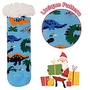 Winter Fuzzy Slipper Socks Kids Girls Boys Fluffy Sherpa Fleece Lined Holiday Christmas Cabin Thermal Warm Soft Cozy Toddler Gripper Non Skid Dinosaur, Stocking Stuffers for Children, Gift for Baby