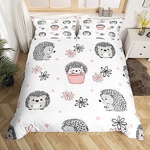 Feelyou Hedgehog Duvet Cover Kids Cute Hedgehog Bedding Set for Girls Teens Ultra Soft Kawaii Wild Animal Comforter Cover Set Polka Dots Bedspread Cover Room Decor Queen Size Bedclothes Zipper