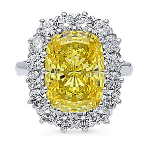 BERRICLE Sterling Silver Halo Yellow Cushion Cut Cubic Zirconia CZ Statement Cocktail Fashion Ring for Women, Rhodium Plated Size 8