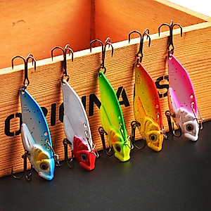 BitHeng Fishing Lures, Fishing Spoon Tackle LuresHard Metal VIB Jigging with Treble Hooks for Bass Trout Crappie Perch Freshwater Saltwater (10Pcs) Random Color, Mixed Color