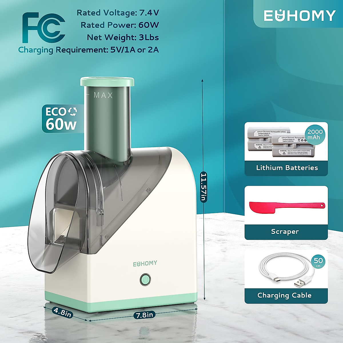 EUHOMY Shaved Ice Machine with Batteries, USB Rechargeable, Crushed Ice in 3s, 45 lbs in 40 Mins, Dual Steel Blades, Easy-to-Clean, Snow Cone Maker with Scraper, for Home/Kitchen/Camping. (White)