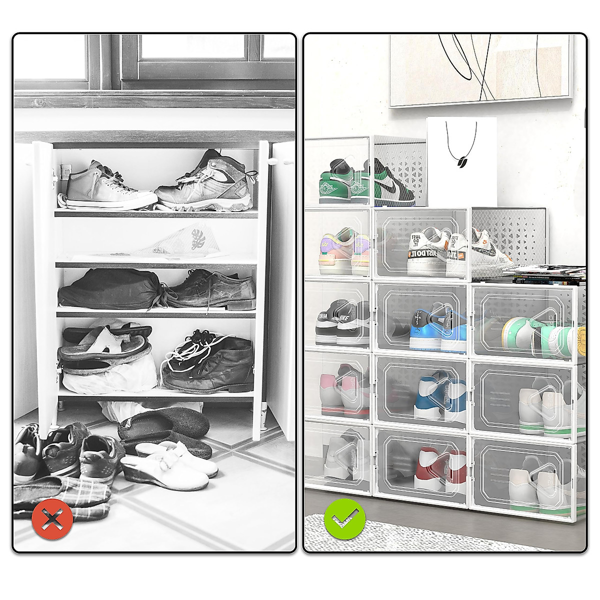 Ancofoo X-Large Shoe Storage Organizer Boxes, Clear Shoe Boxes Stackable Shoe Organizer for Closet, Shoe Containers Bins with Lids, Space Saving for Entryway, White, 12 Pack, Fit Size 11