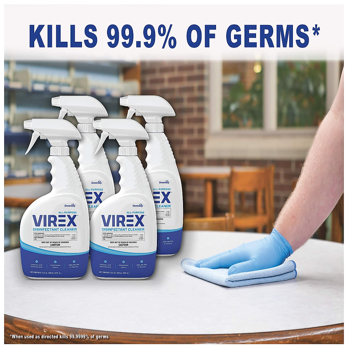 VIREX Diversey CBD540540 All Purpose Disinfectant Cleaner- Kills 99.9% of Germs and Eliminates Odors, Lemon Scent, Ready-to-Use Spray, 32-Ounce (Pack of 4)