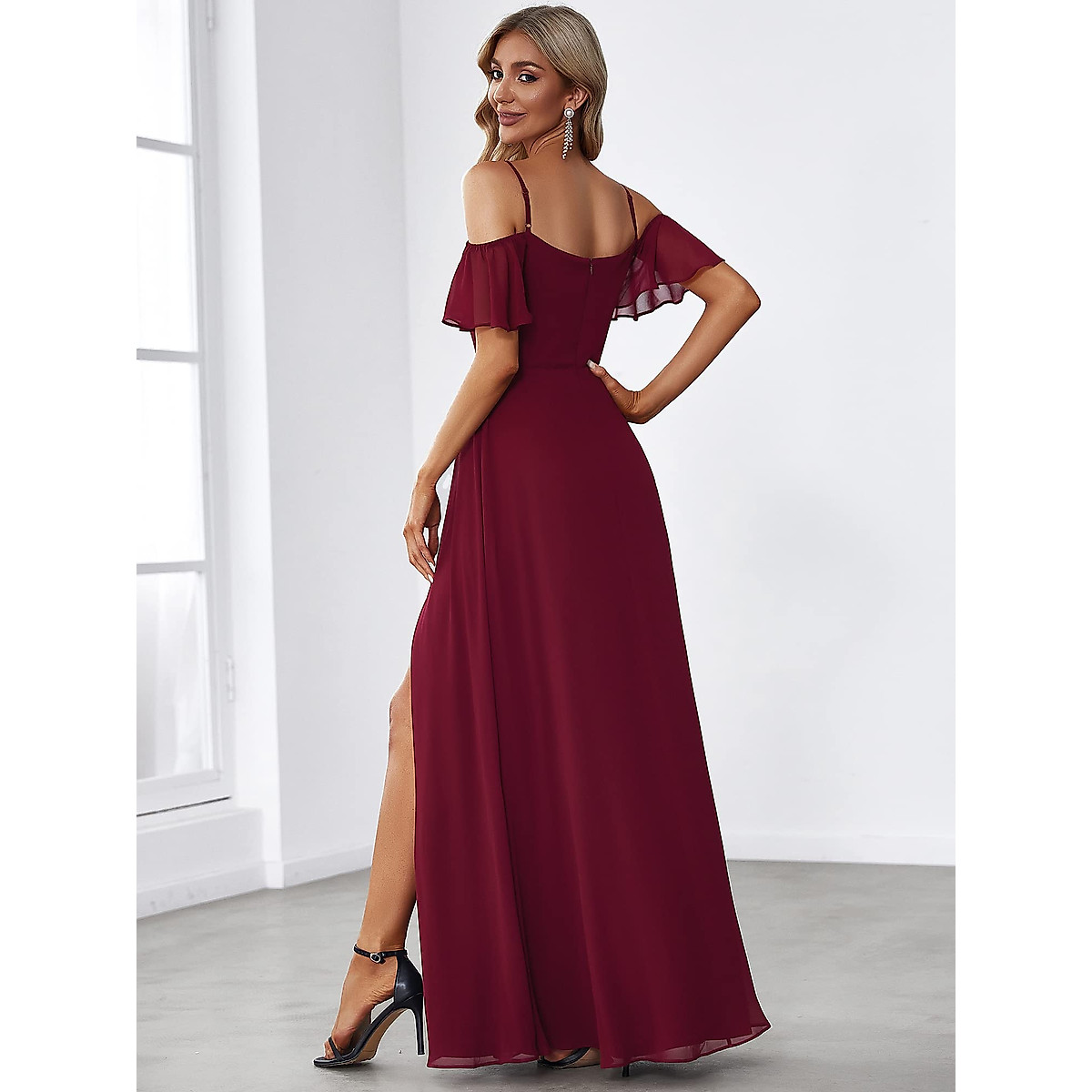 Ever-Pretty Women's Formal Dresses Off Shoulder Short Sleeve Split A-Line Floor Length Bridesmaid Dresses Burgundy US20