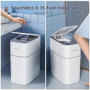 MOPALL Small Bathroom Trash Cans with Lids,Motion Sensor Bathroom Trash Can,Narrow Waterproof Plastic 3.5 Gallon Automatic Adsorption Touchless Garbage Can,White