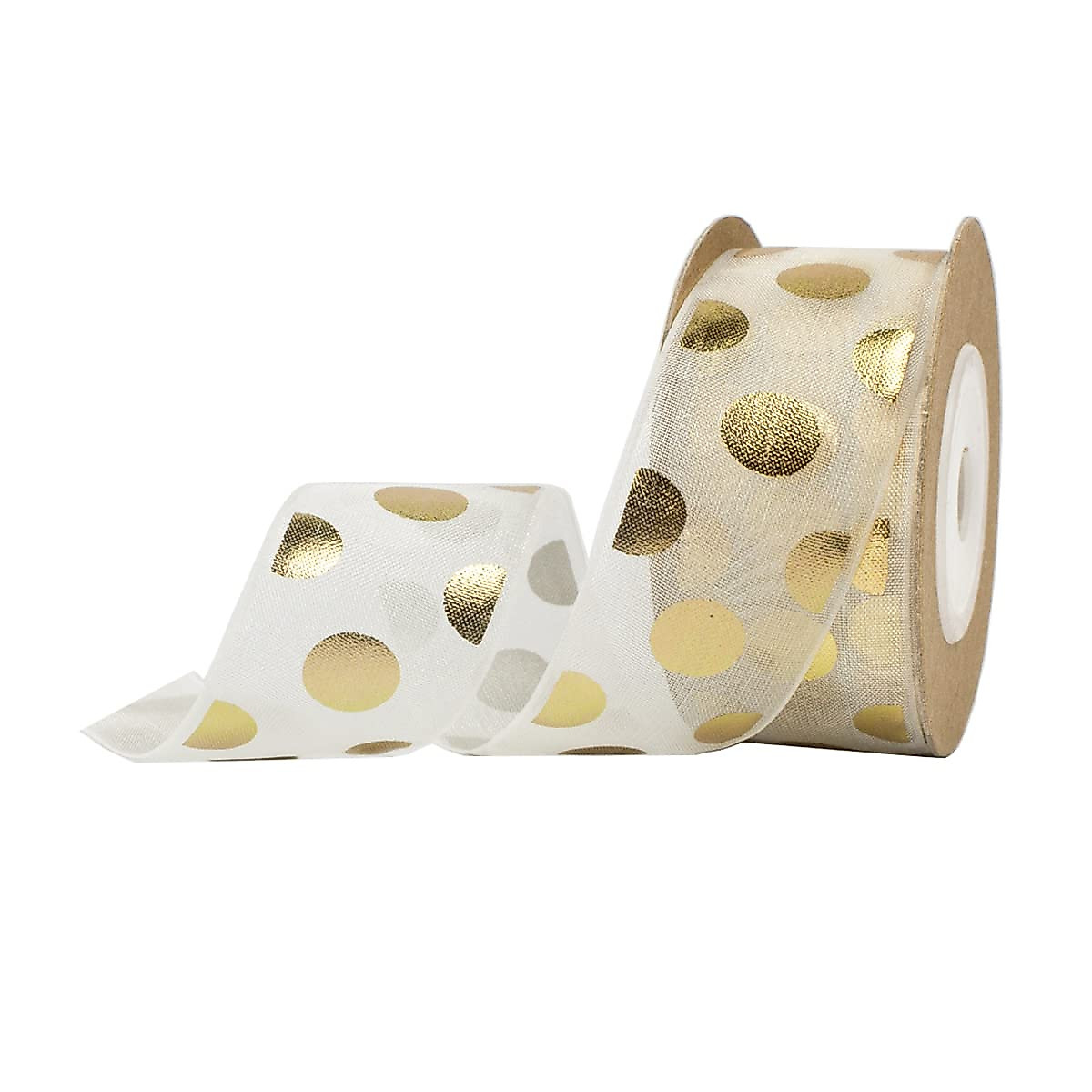Nichemigo 1 Inch Wide Polka Dot Ribbon, Gold Dots Printed Organza Ribbons for Gift Wrapping Hair Bows Craft Sewing Invitation Floral Arrangement (11 Yards)