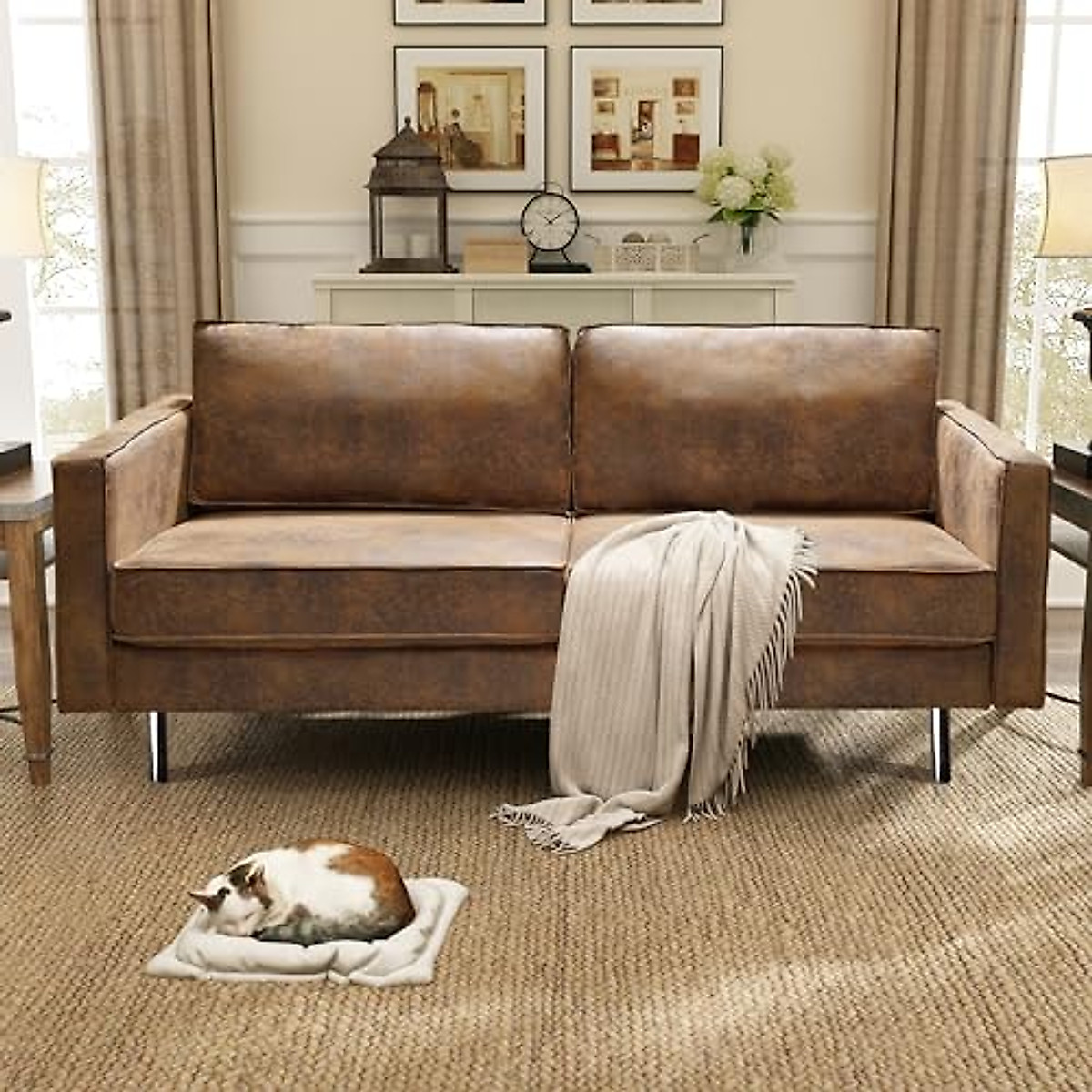 SILKIR 3-Person Sofa Couch for Living Room | Perfect for: Apartment/Studio/Office & Small Space | Leather Fabric | Fast and Easy Assembly | (Brown) Modern Contemporary Mid-Century