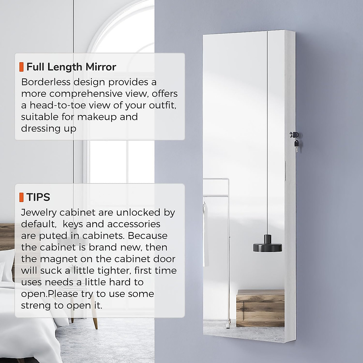 GISSAR Full Length Mirror Jewelry Cabinet, 6 LEDs Jewelry Armoire Wall Mounted Over The Door Hanging, Jewelry Organizer Storage with Lights Lockable, Bright White, 14.6" x 47.2"