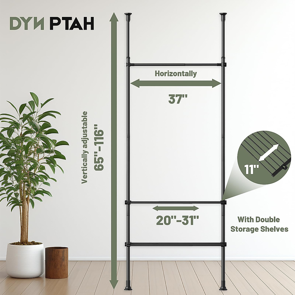 DYN Ptah Floor to Ceiling Adjustble Garment Rack, Heavy Duty Clothes Rack with 2 Shelves, Free Standing Clothing Hanger Tension Rod Cloth Storage Rack Black