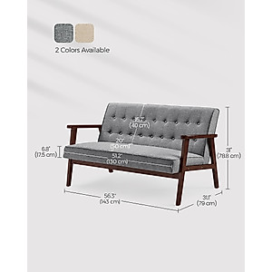 SONGMICS Loveseat Sofa, 2 Seater Cushioned Couch for Small Spaces, Mid-Century Modern 51.2-Inch Wide Seat with Solid Wood Armrests, Easy Assembly, for Living Room Bedroom, Dove Gray ULAC012G01