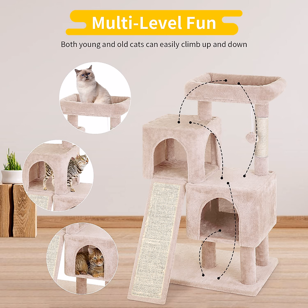 BestPet 36 inches Cat Tree for Indoor Cats Cat Tower with Scratching Posts Multi-Level Cat Furniture Condo with Ramp, Perch Spacious Cat Cave & Funny Toys for Kittens House,Beige
