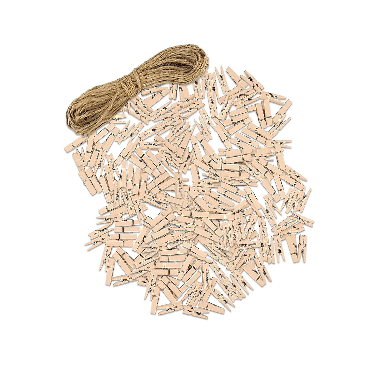 KTOJOY Mini Wooden Clothes Pins, 100 Pack, 1.4 Inch, Mini Natural Birchwood ClothesPins with 33 FT Jute Twine, Heavy Duty Moisture Resistant Clothes Pegs for Craft, Pictures, Arts, Cocktails